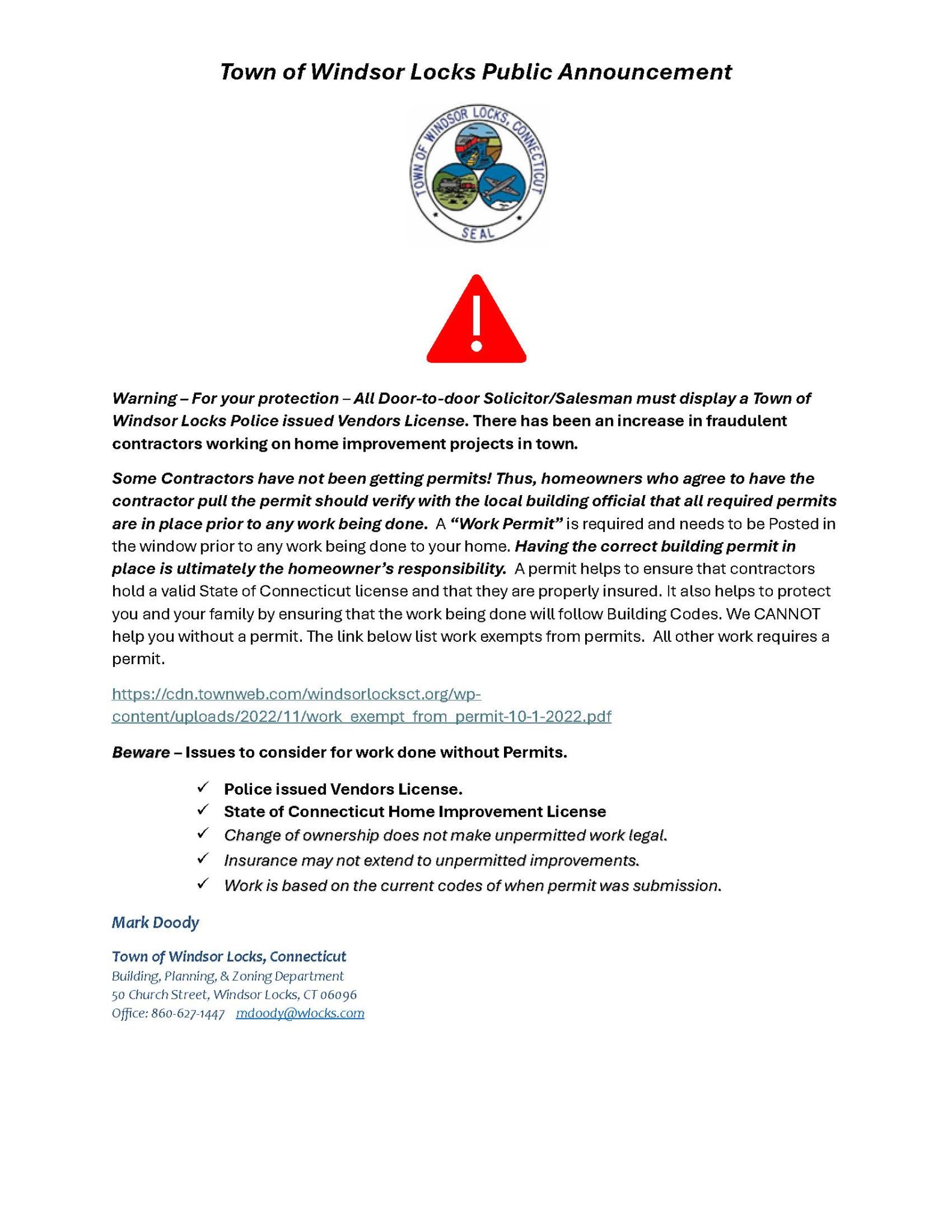 Attention – Work Permit Announcement – Town of Windsor Locks, Connecticut