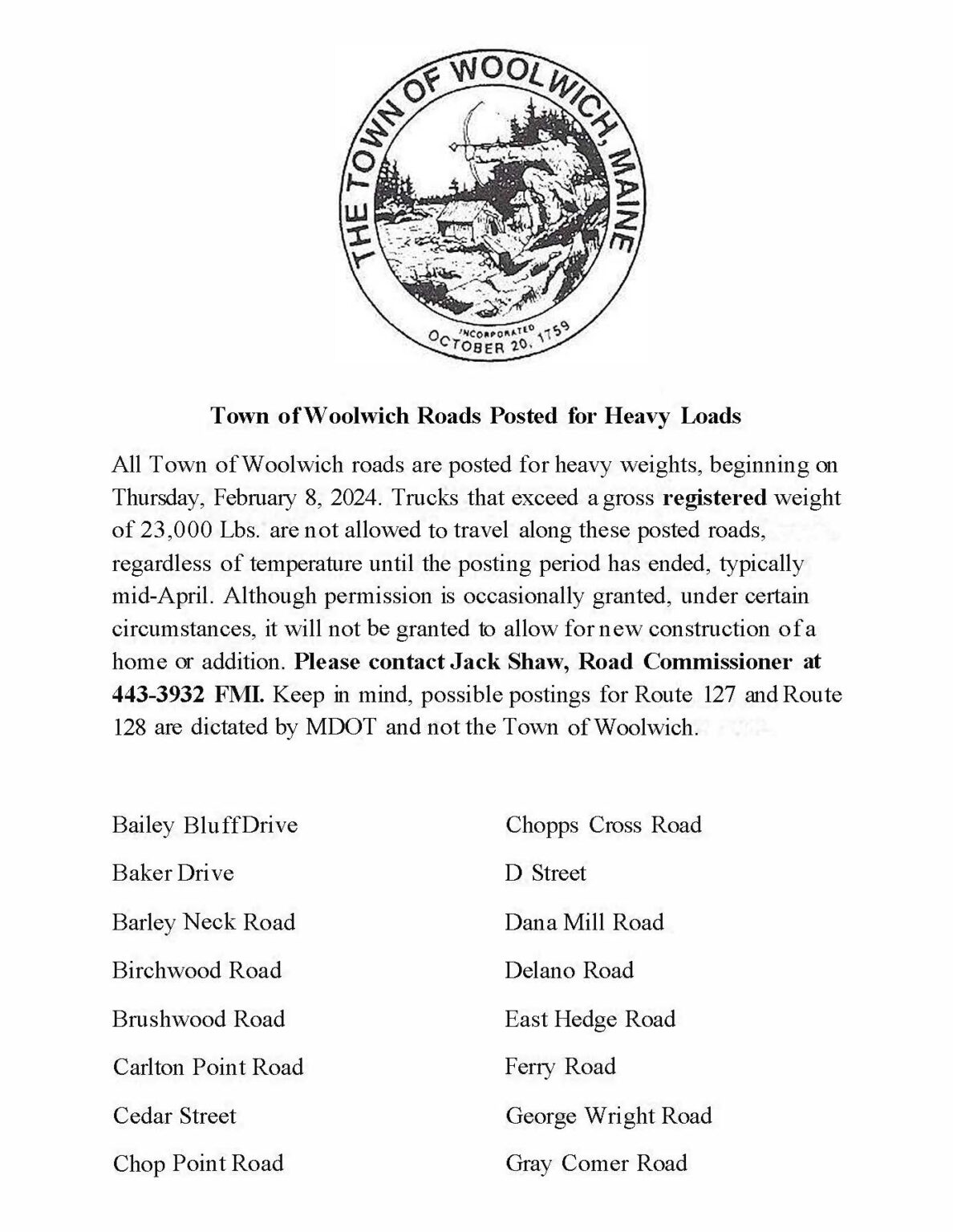 Road Posting - Town of Woolwich
